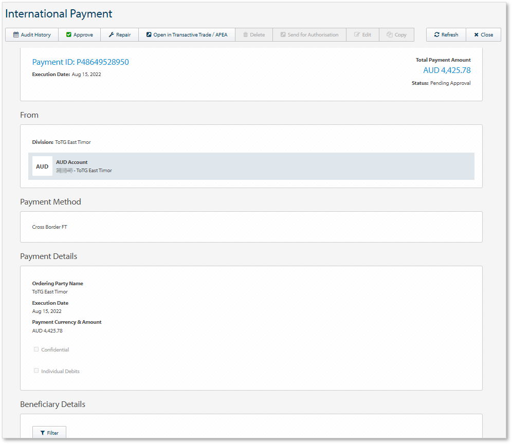 Payment Details screen (Asia & Pacific) – ANZ Digital Services Help