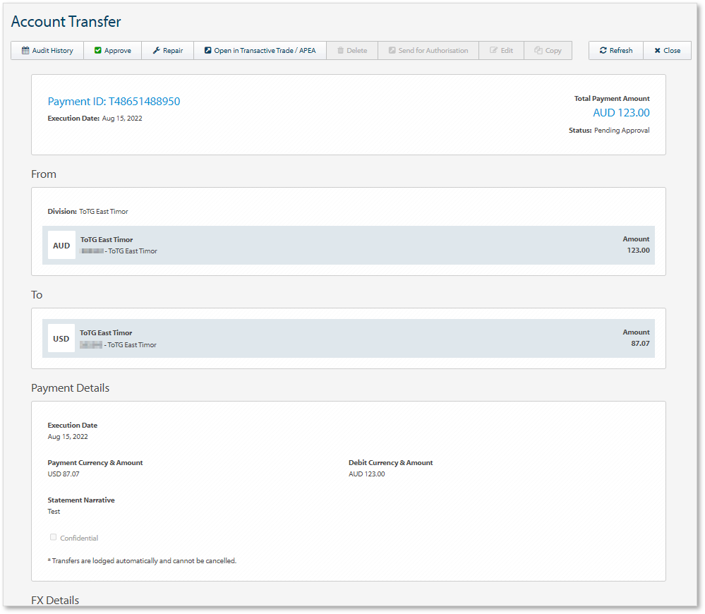 Payment Details screen (Asia & Pacific) – ANZ Digital Services Help