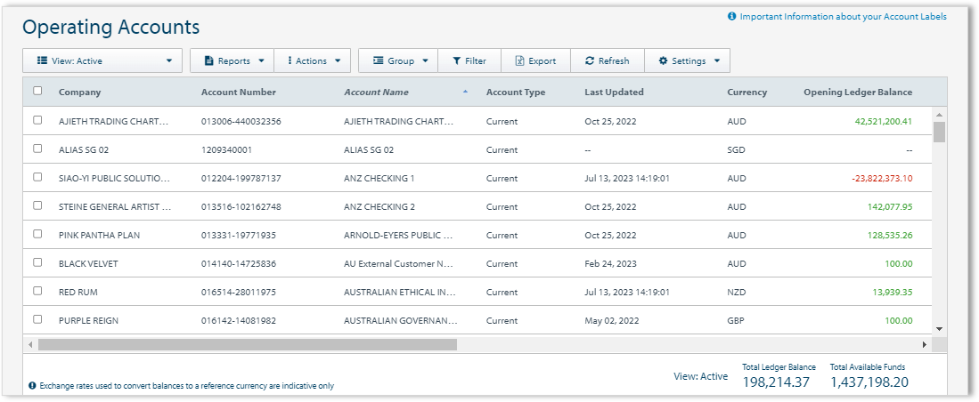 Operating Accounts Screen – ANZ Digital Services Help