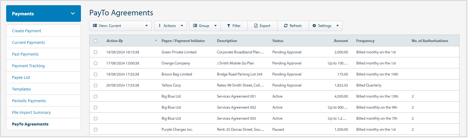 PayTo Agreements screen – ANZ Digital Services Help